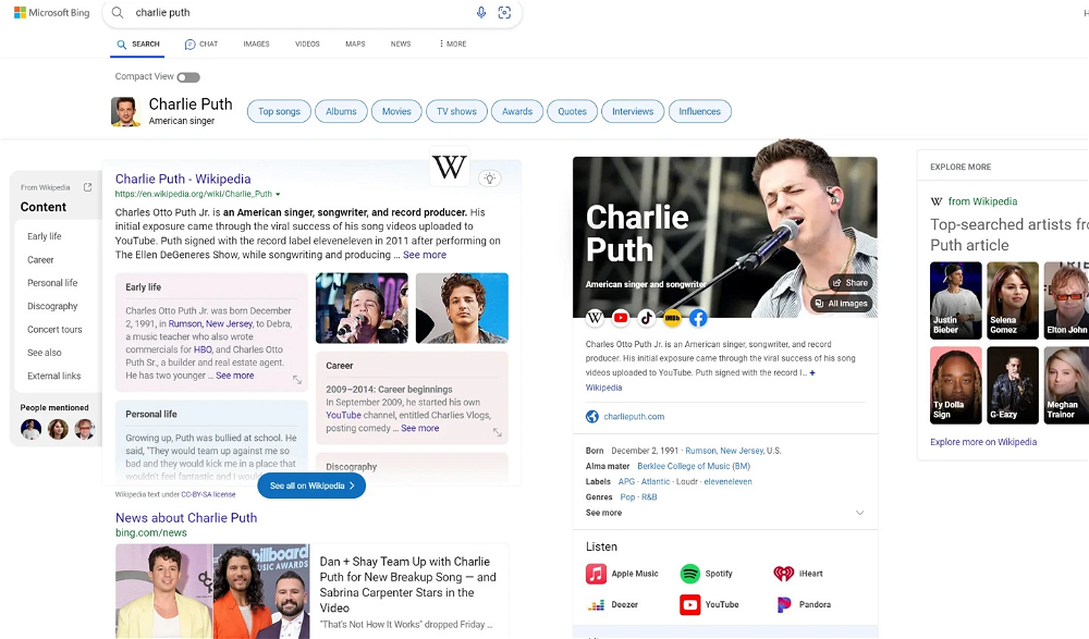 Microsoft тестирует Компактный вид результатов поиска Bing в