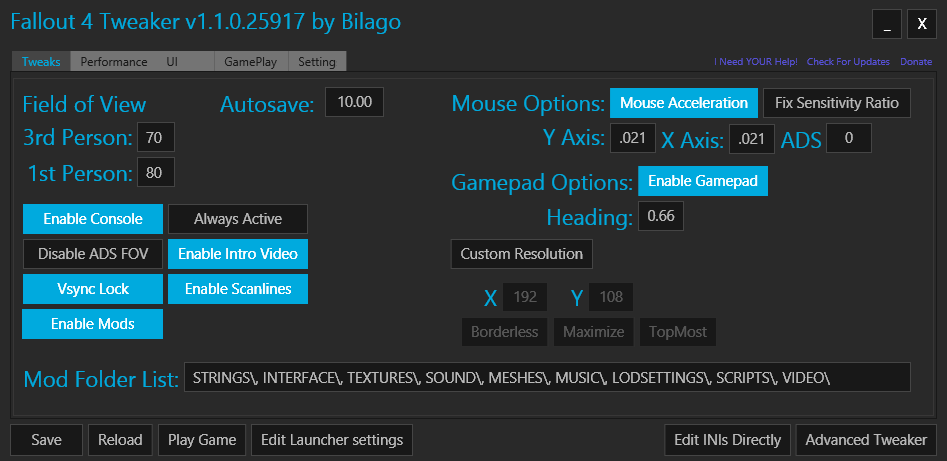 Скачать Fallout 4 "Configuration Tool v1.1.0.2591 - By Bilago" - Утилиты